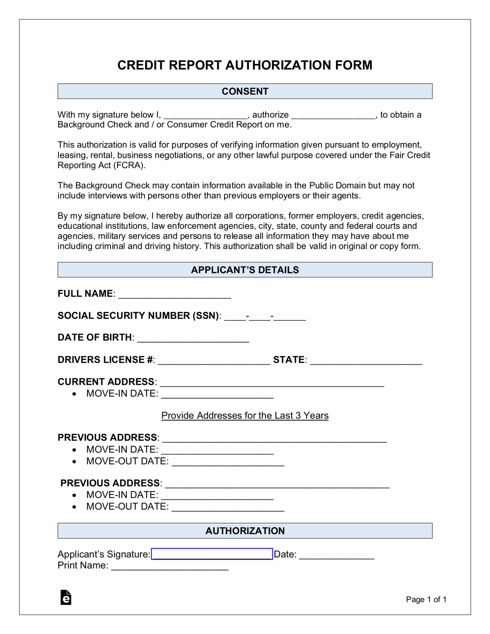 Authorization to Pull Credit Report Template