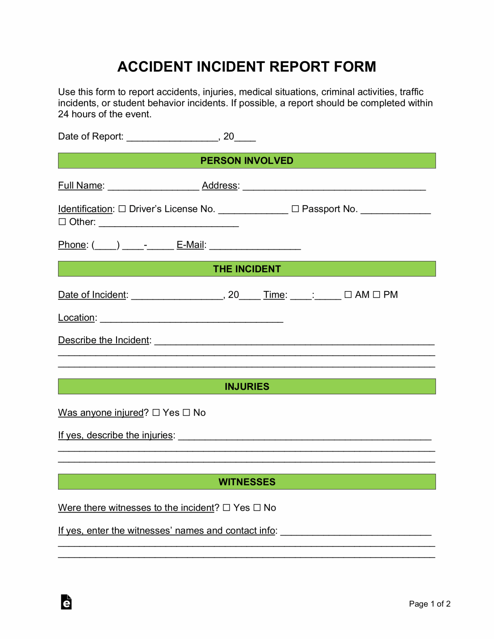 Car Accident Incident Report Template
