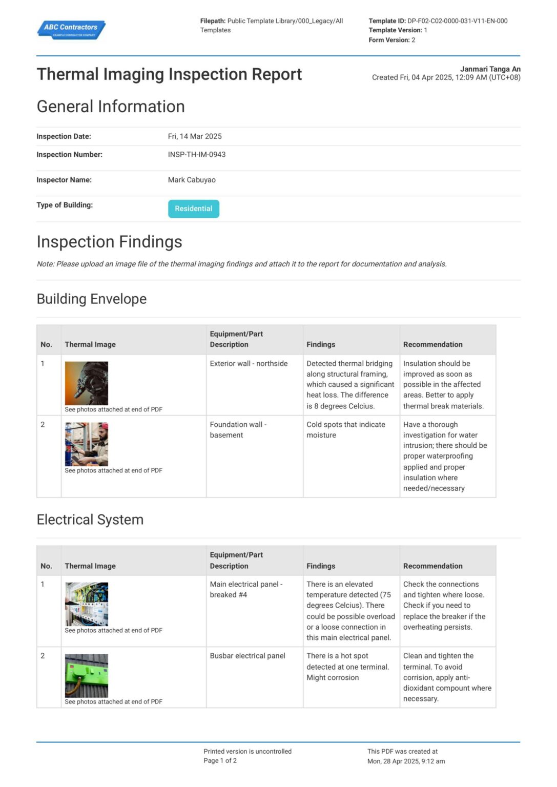 Electrical Thermal Imaging Report Template