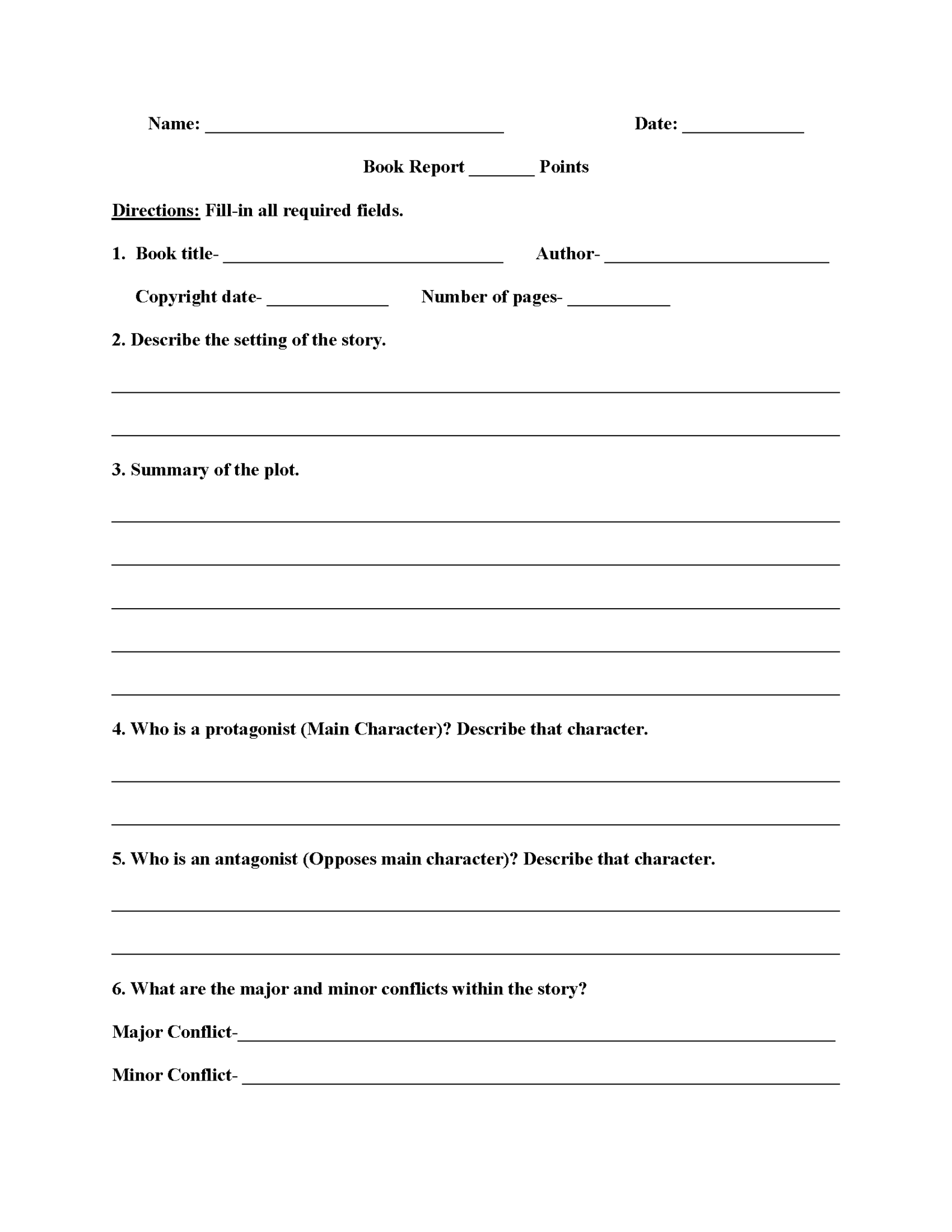 Junior High Book Report Template